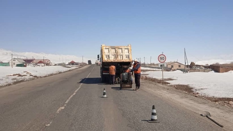 Cold mix asphalt used to repair roads along Bishkek-Osh highway where ...